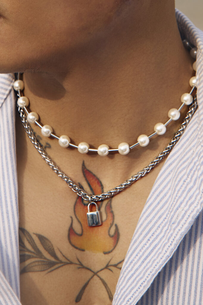 Men's Necklace Pearl Bead & Silver Chain With Padlock Pendant - Tashani